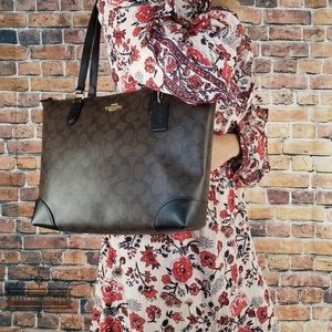 Coach | Bags | Coach Signature Pvc Zip Tote Satchel Black Brown | Poshmark